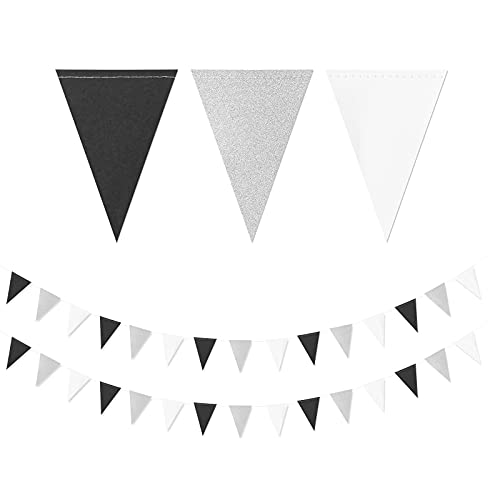Black White Silver Pennant Banner,2 Pack Glitter Sprinkles Paper Trian ...