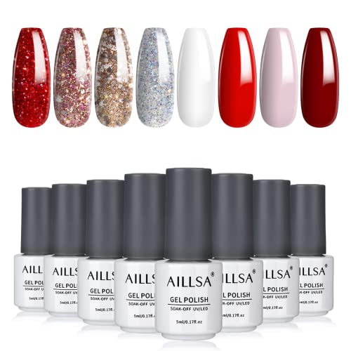 AILLSA Gel Nail Polish Set Red, Glitter Gel Nail Polish Set, White Pin ...