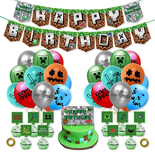 Pixel Style Birthday Party Supplies, Game Party Decorations Include Ha ...